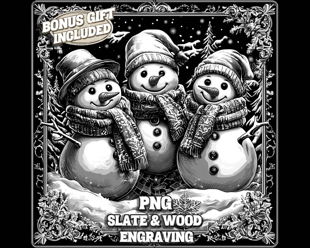 Three Snowmen Laser Engraving PNG, Festive Vintage Snowman Laser Burn ...
