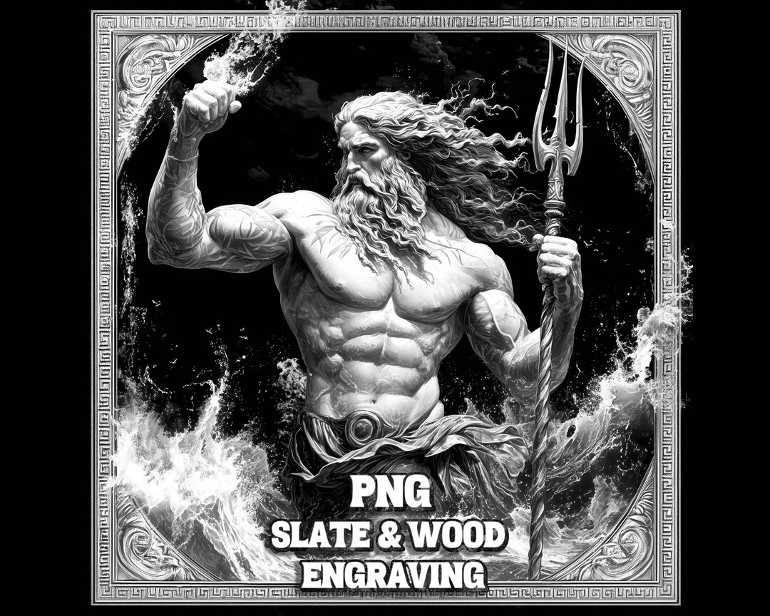Greek God Poseidon Laser Burn Files, Greek Mythology Engraving PNG, Slate Coaster Laser Engrave ...