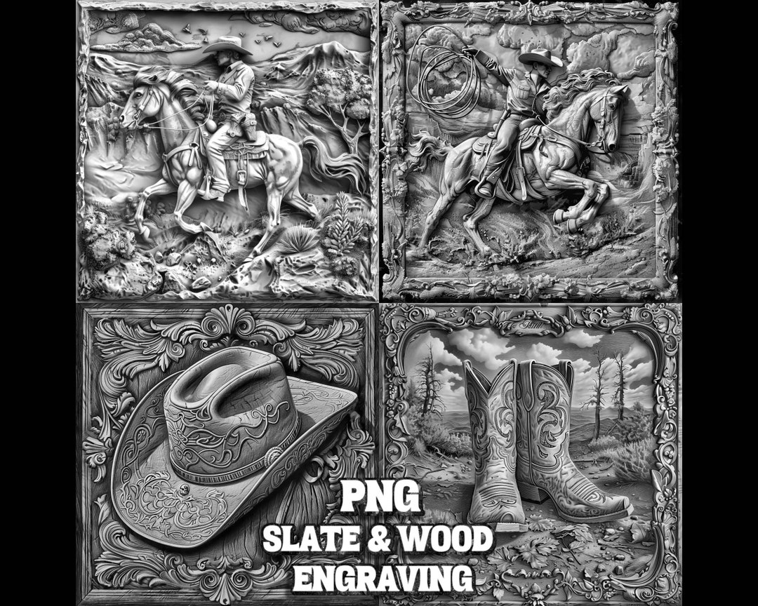Western Engrave PNG Bundle, Cowboy Laser Burn Set of 4 Files, Cowboy or ...