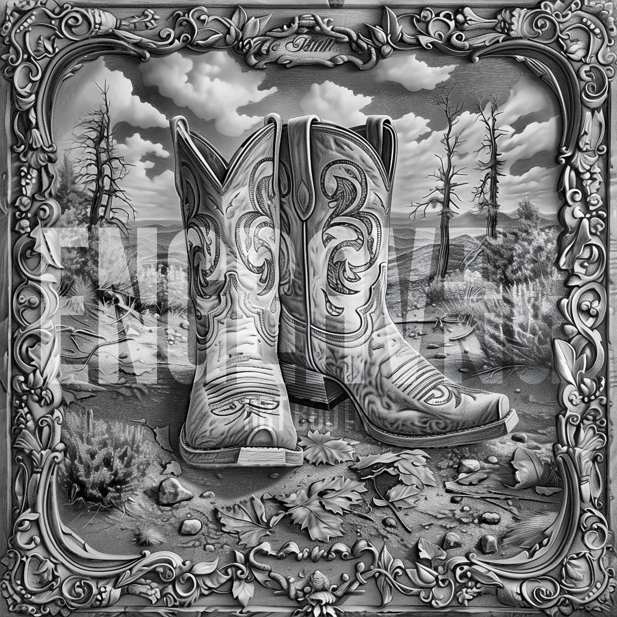 Cowboy Boots Laser Burn 3D Illusion PNG, Cowgirl Boots Engraving File ...