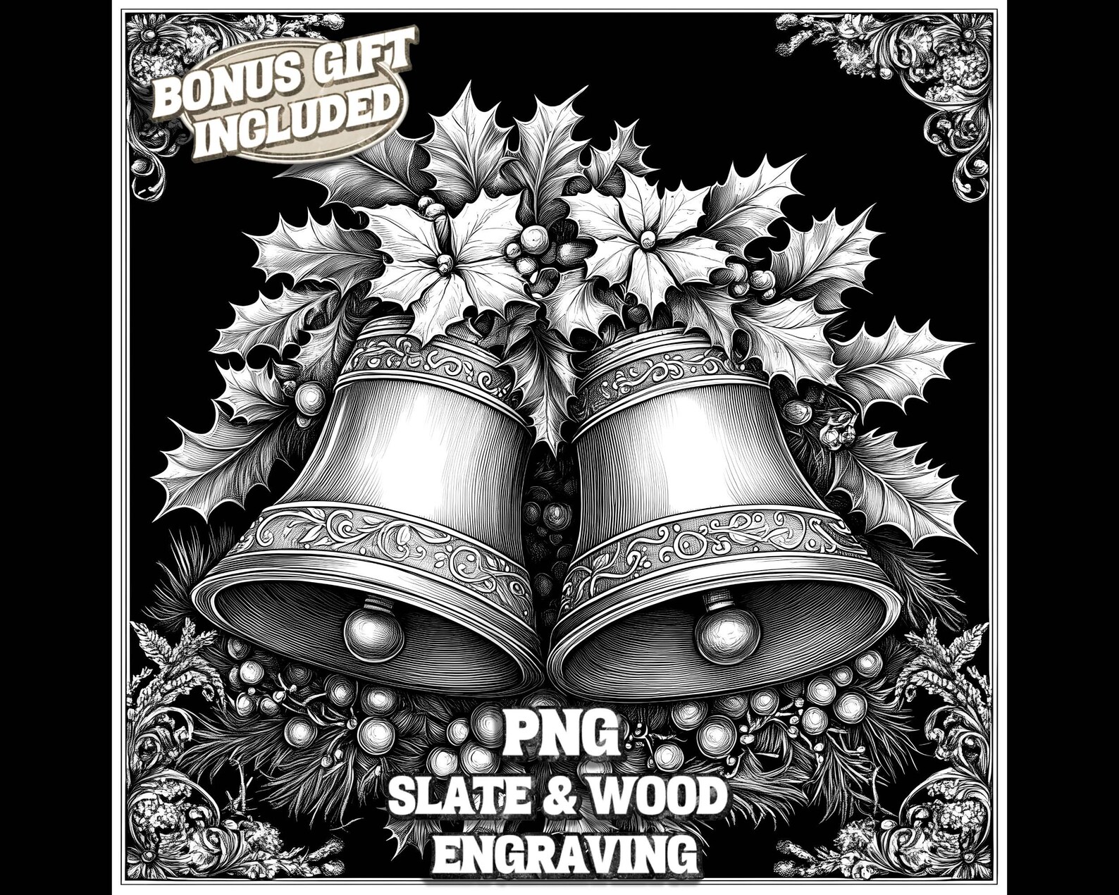 Christmas Bells Engraving PNG, Festive Holiday Laser Burn File, Winter ...