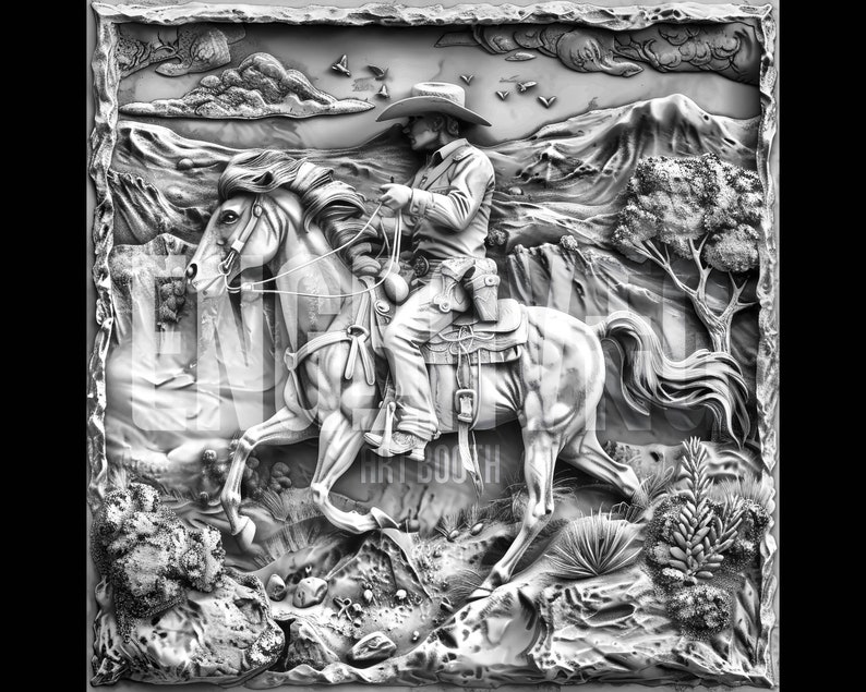 Cowboy Laser Burn 3D Illusion PNG, Western Style Engraving File for ...