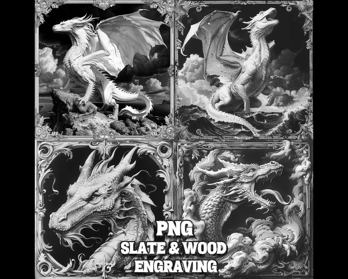 Dragon Engrave Set of 4 PNG, Fierce Dragon Laser Burn Bundle, Slate ...