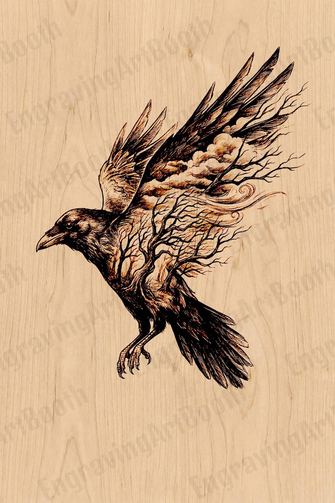 Crow Engraving PNG, Double Exposure Rustic Design, Laser & CNC Wood ...