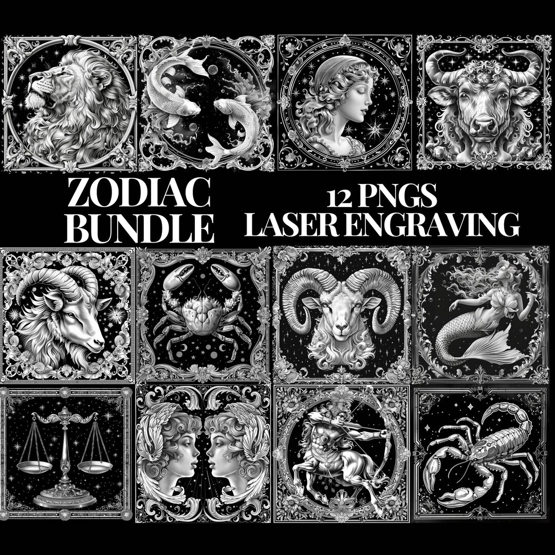 Zodiac Engrave Bundle, Zodiac Sign Set of 12, Laser Burn PNG File ...