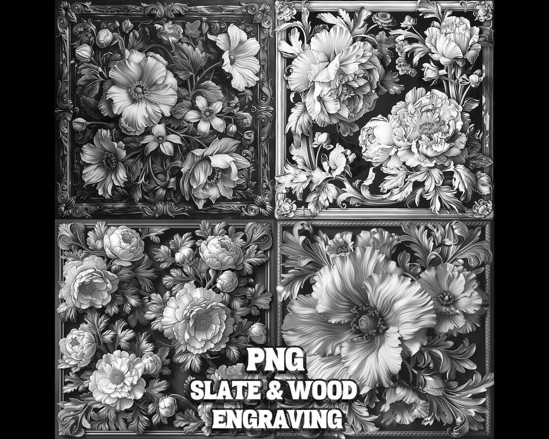 Flowers Engrave Set of 4 PNG, Floral Laser Burn Bundle, Slate Coaster ...