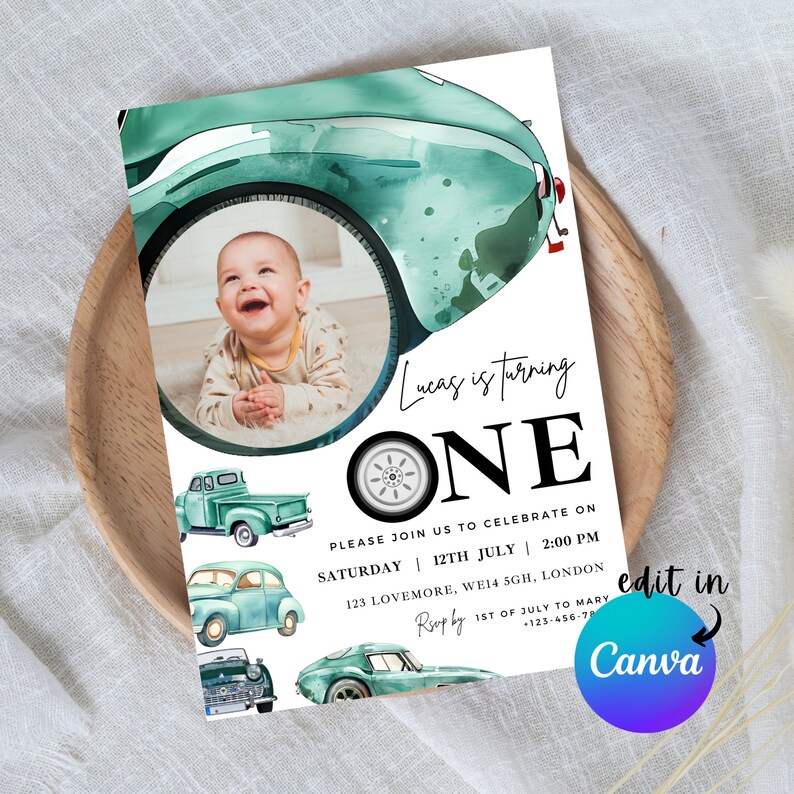 EDITABLE First Second Car Birthday Photo Invitation, 1st Boy Birthday ...