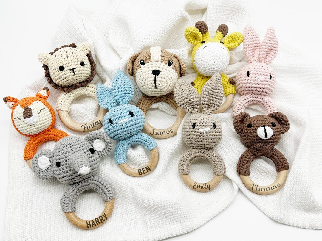 Personalised Engraved Baby Crochet Rattle, Animal Baby Teether, Baby ...