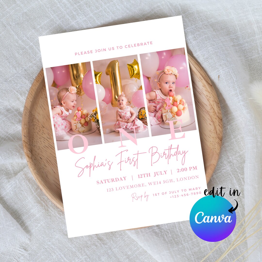 EDITABLE First Second Birthday Photo Invitation, 1st 2nd Girl Birthday ...