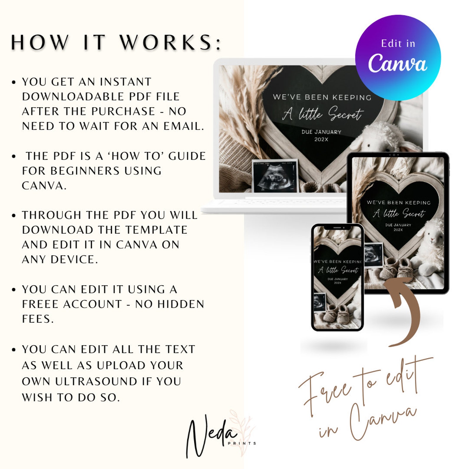 EDITABLE Neutral Little Secret Pregnancy Announcement,digital Baby ...