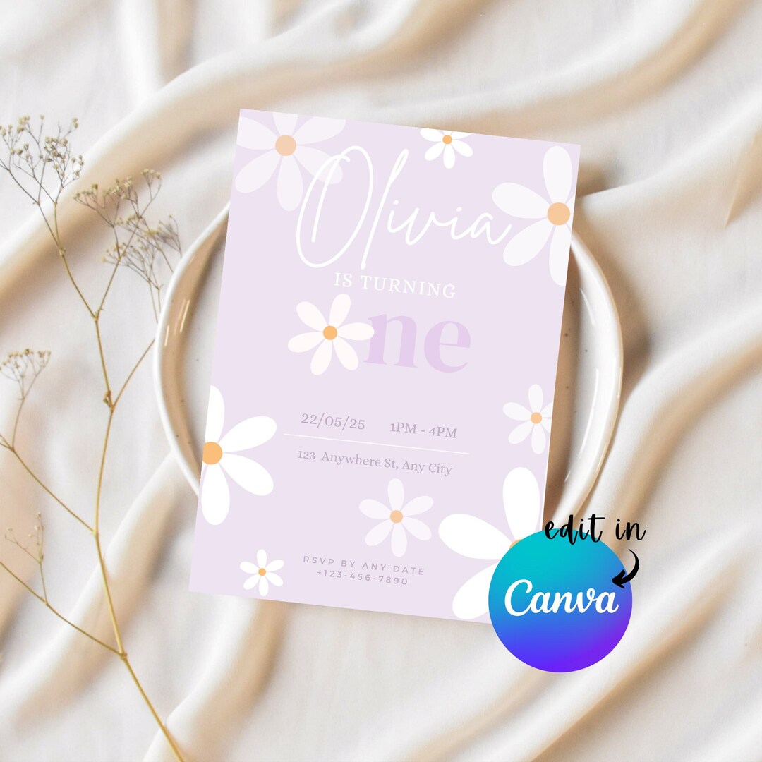 EDITABLE Daisy Purple Girl Birthday Invitation, 1st Birthday Invite ...