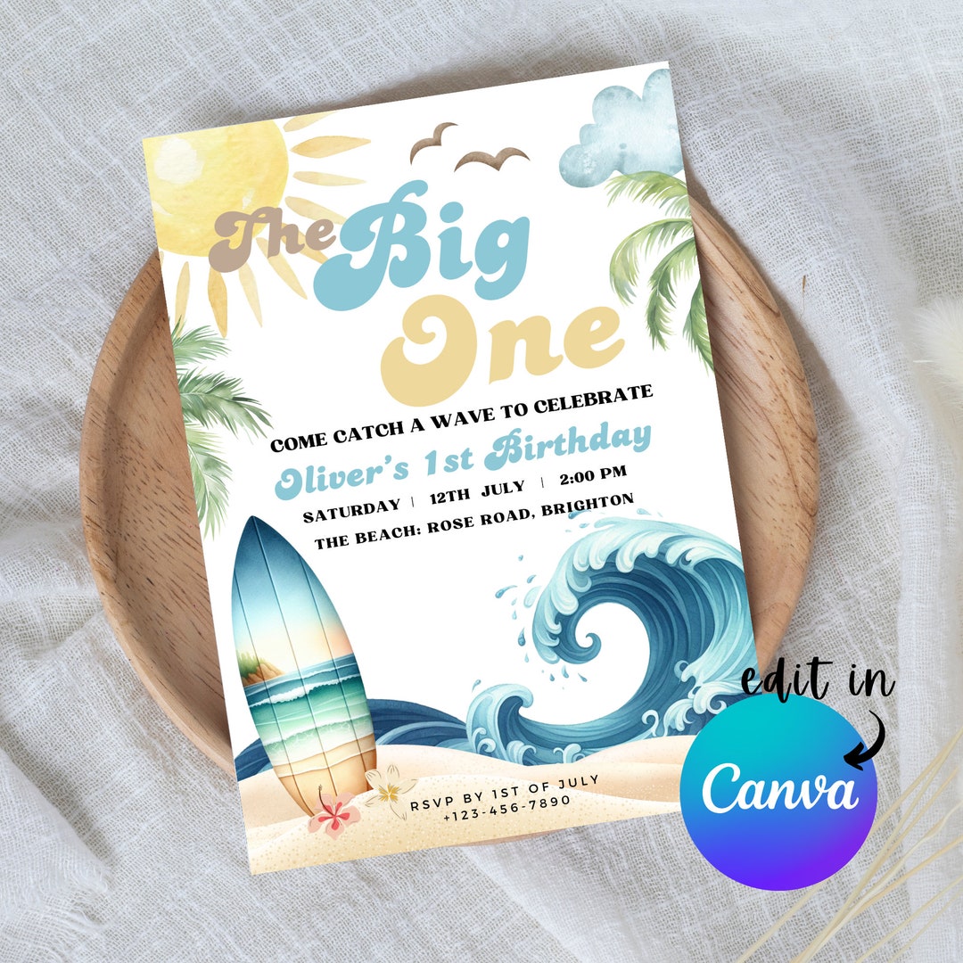 EDITABLE Invitación de cumpleaños de The Big One Surfing, 1er cumpleaños invitación, cumpleaños ...