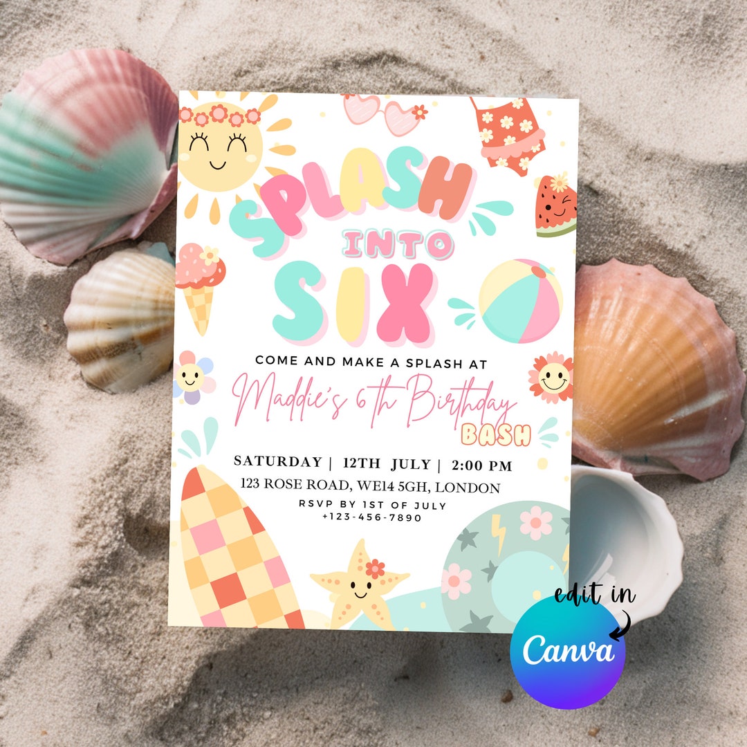 EDITABLE Splash Into Six Summer Birthday Invitation, 6th Birthday ...