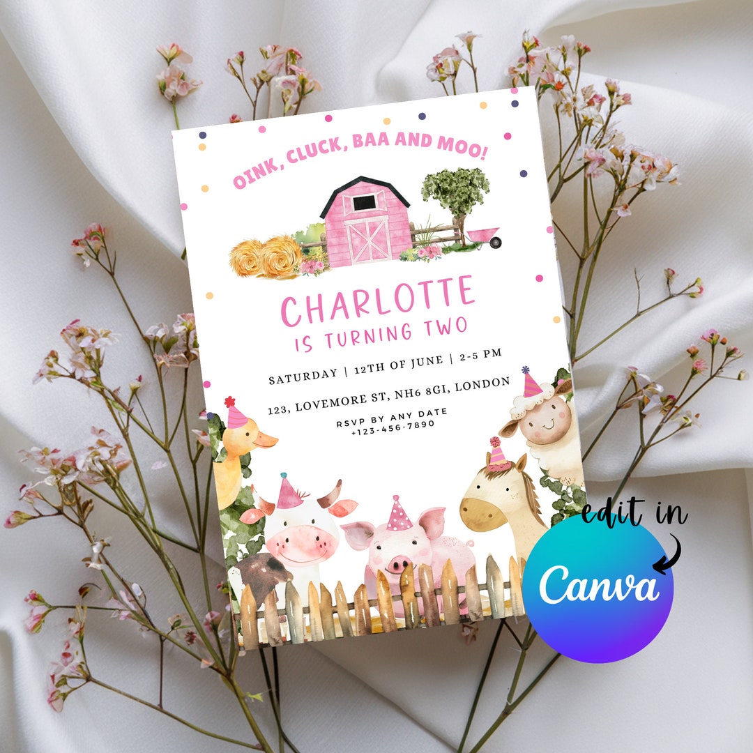 EDITABLE Pink Farm Girl Birthday Invitation, 2nd Girl Farm Animal ...