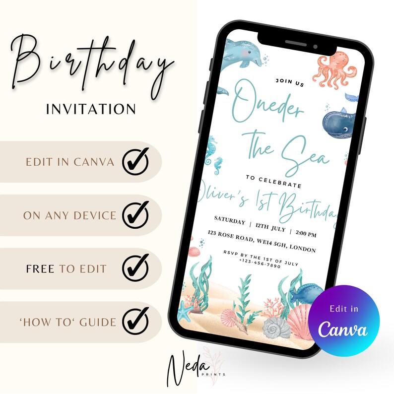 EDITABLE Oneder the Sea Birthday Invitation, Under the Sea, 1st ...