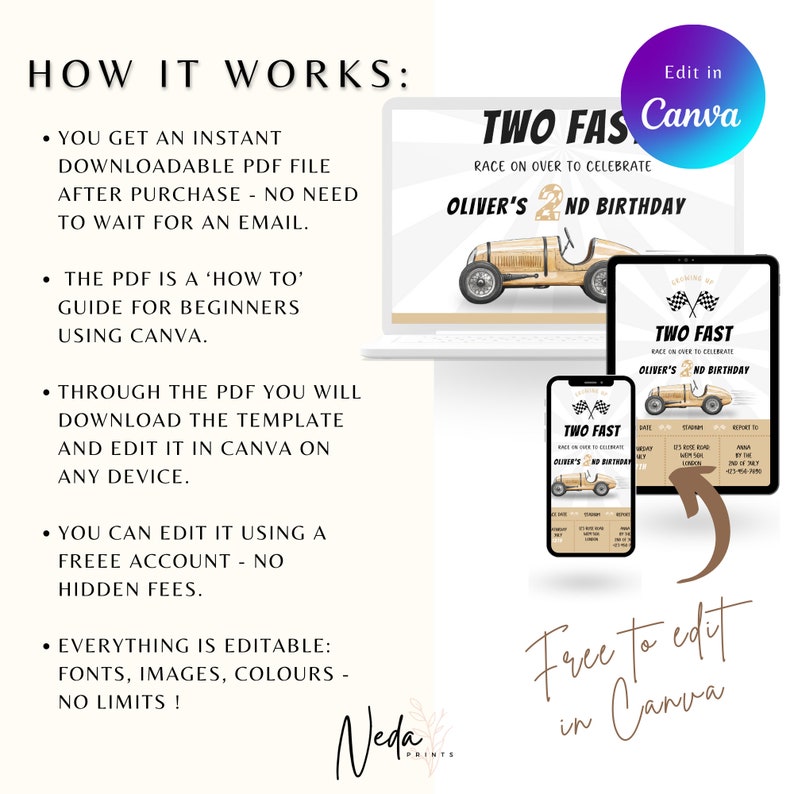 EDITABLE Growing up Two Fast Birthday Invitation, Brown Race Car ...