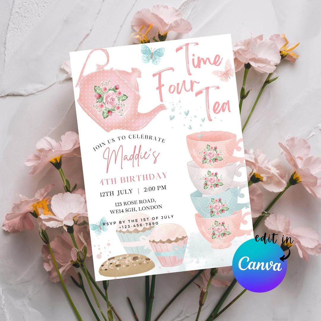 EDITABLE Time FOUR Tea Birthday Invitation, 4th Tea Birthday Party ...