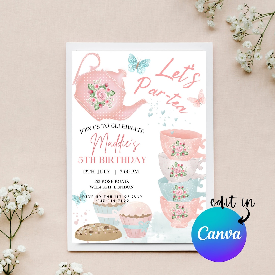 EDITABLE Let's Par-tea Birthday Invitation, Tea Party Birthday ...