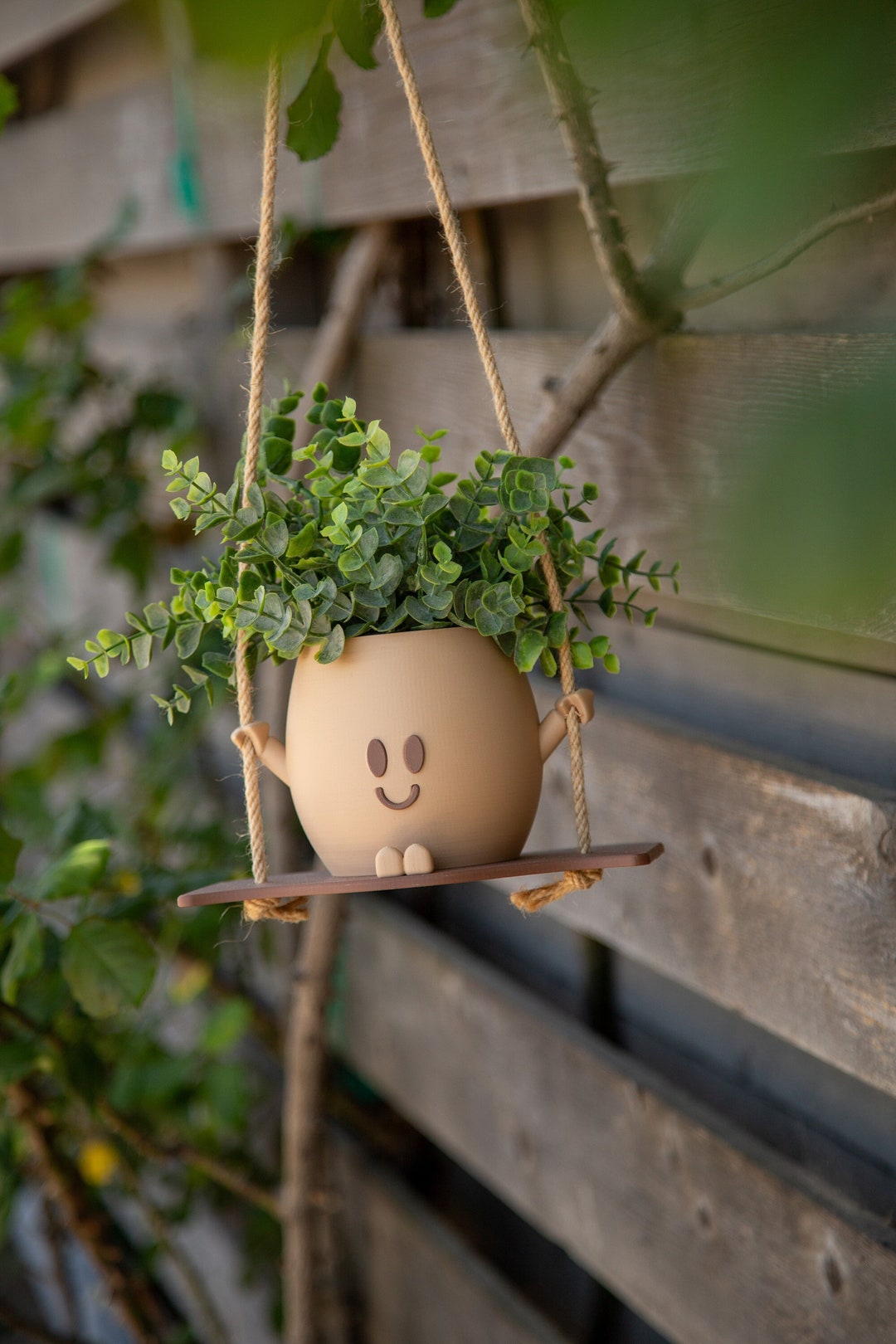 Happy Face Planter Pot on Squiggly Wavy Swing - Cute Hanging Planter ...