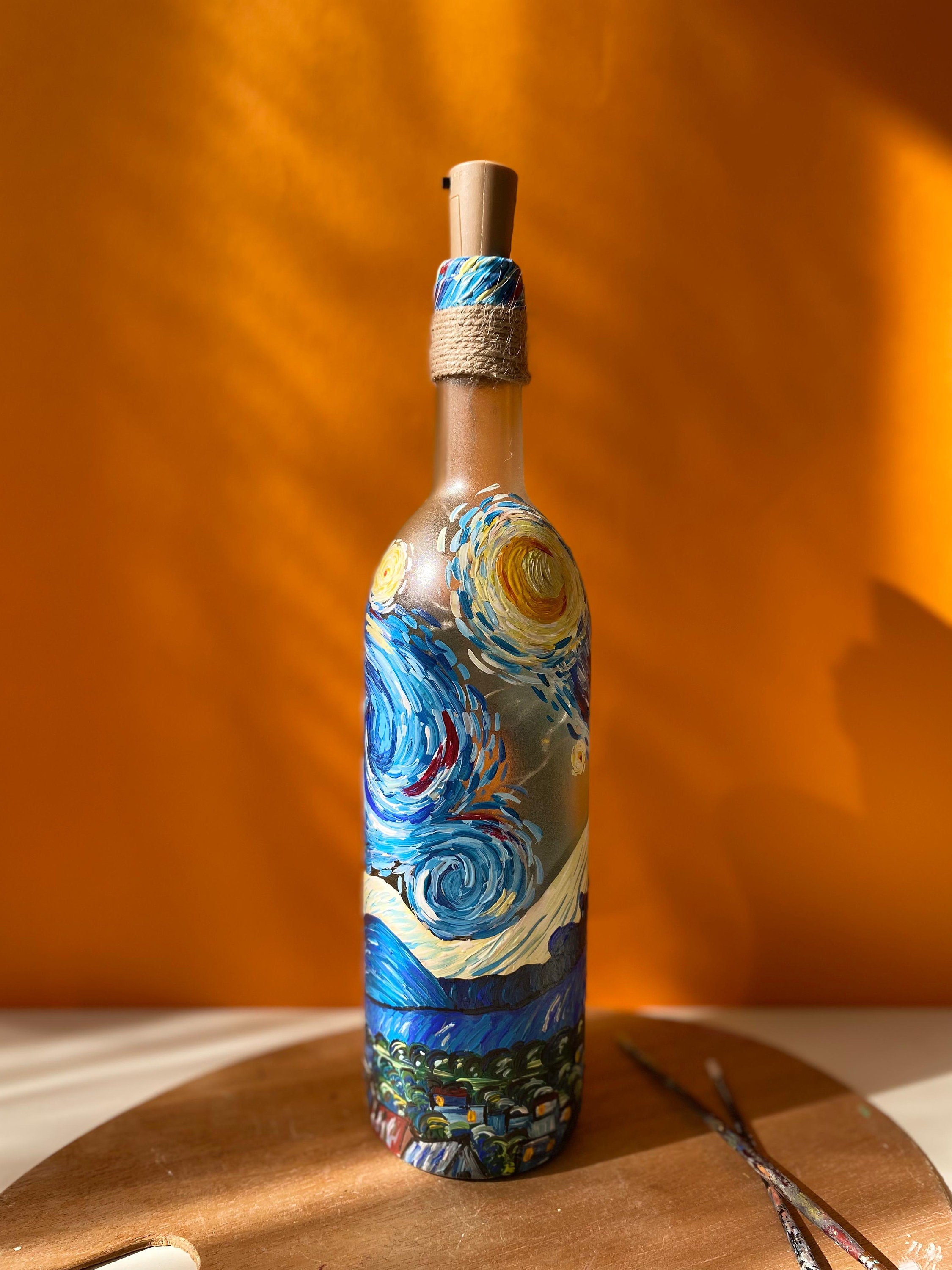 Van Gogh's Starry Night Illuminated Hand-painted Upcycled Wine Bottle ...