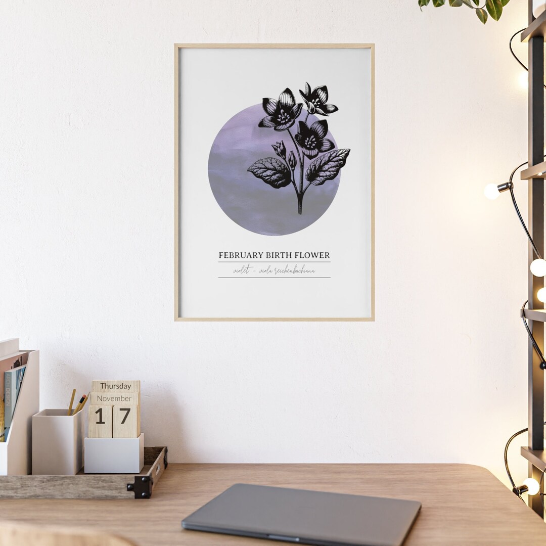 February Violet Birth Flower Wall Art, Light Wood Frame Print, Gift for ...