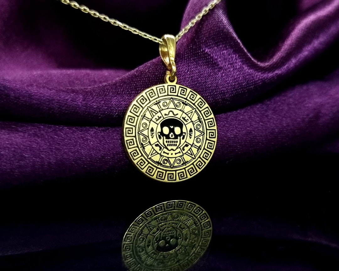 Aztec Calendar Skull Pendant: Gold Plated Mayan Medallion Necklace - Etsy