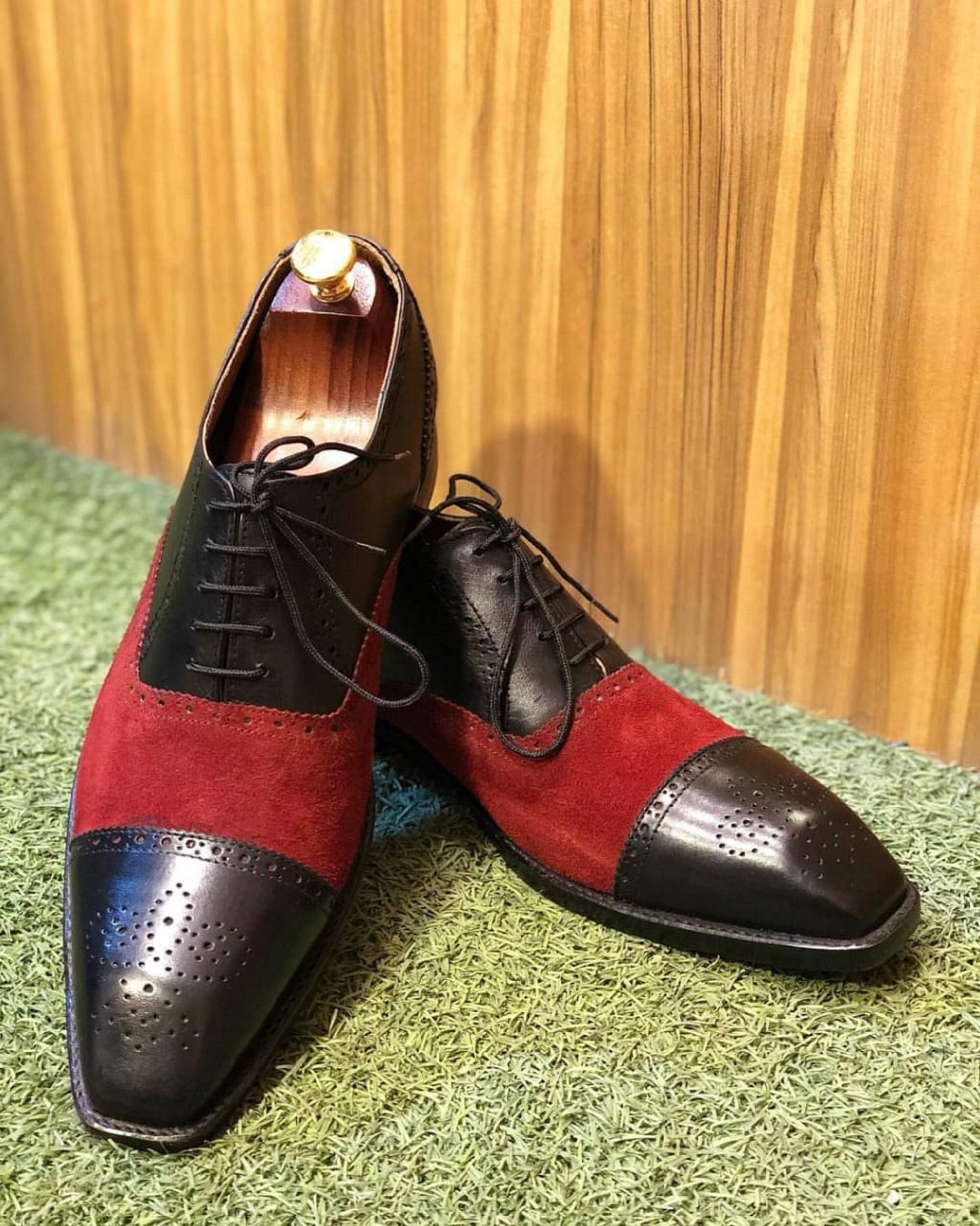 Bespoke Handmade Black & Red Color Genuine Leather Cap Toe Brogues Men ...