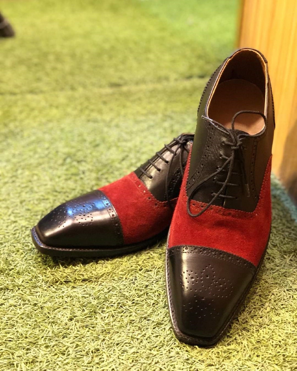 Bespoke Handmade Black & Red Color Genuine Leather Cap Toe Brogues Men ...