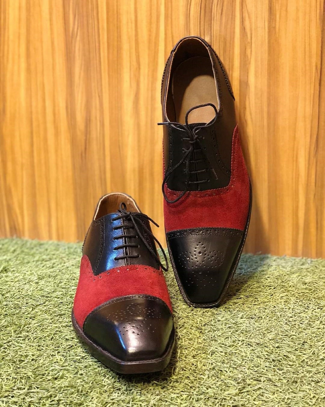 Bespoke Handmade Black & Red Color Genuine Leather Cap Toe Brogues Men ...