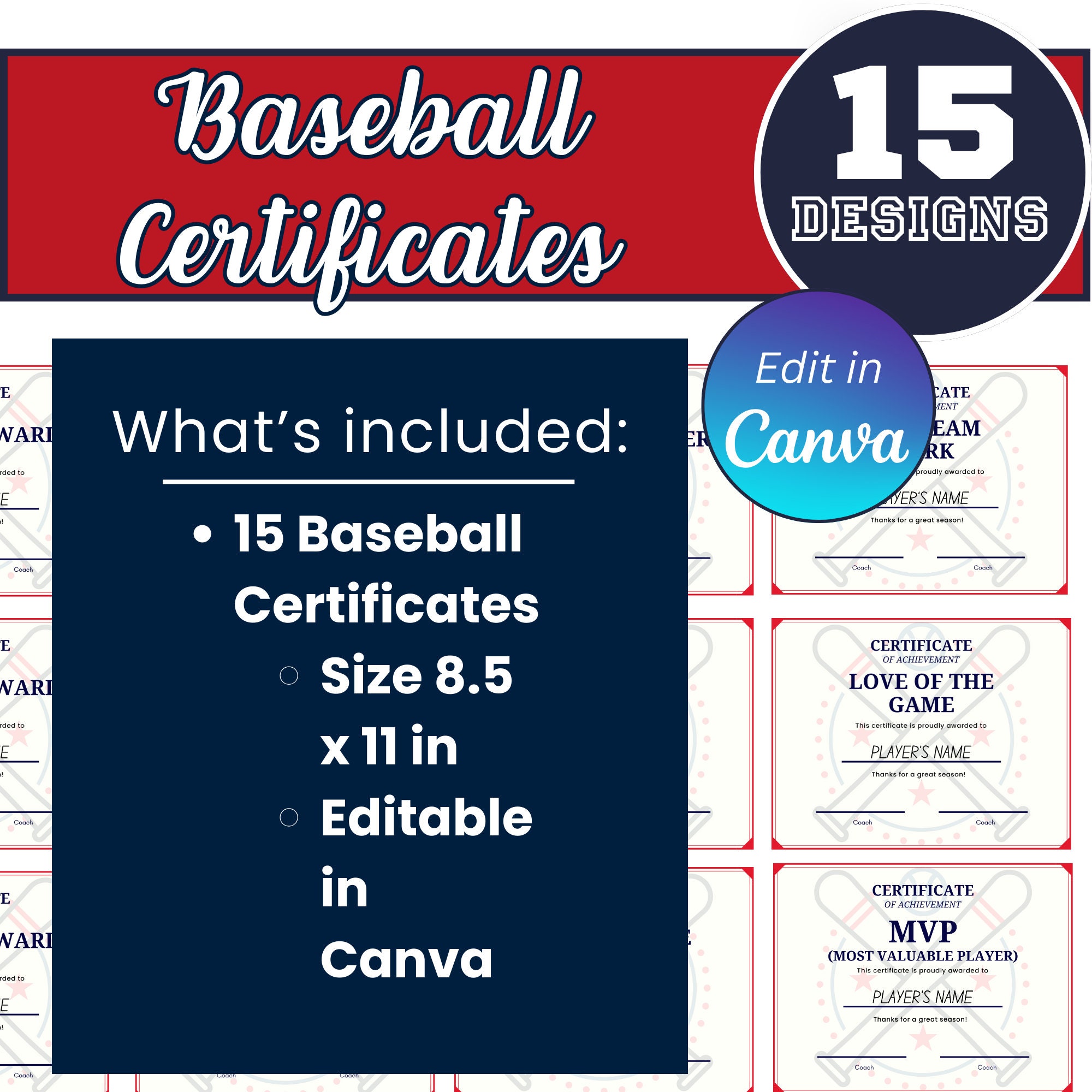 15 Editable BASEBALL Certificates, Canva Template, Sports Certificate ...