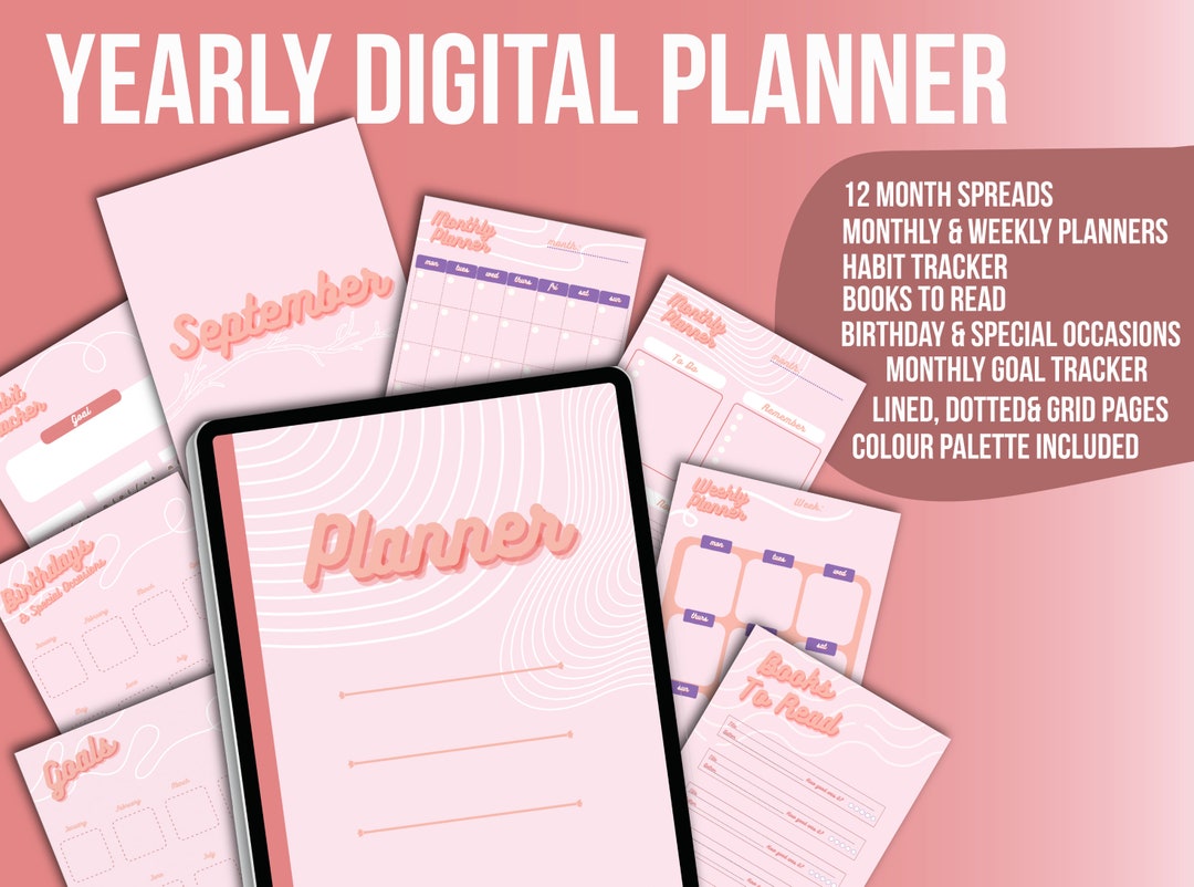 Yearly Digital Planner, Undated 80s Style, Line Art, Simple Design ...