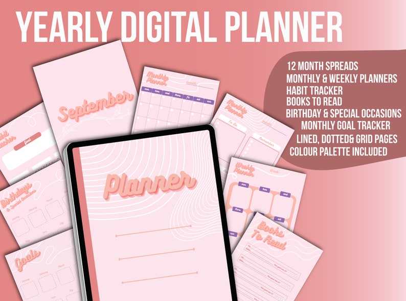 Yearly Digital Planner, Undated 80s Style, Line Art, Simple Design ...