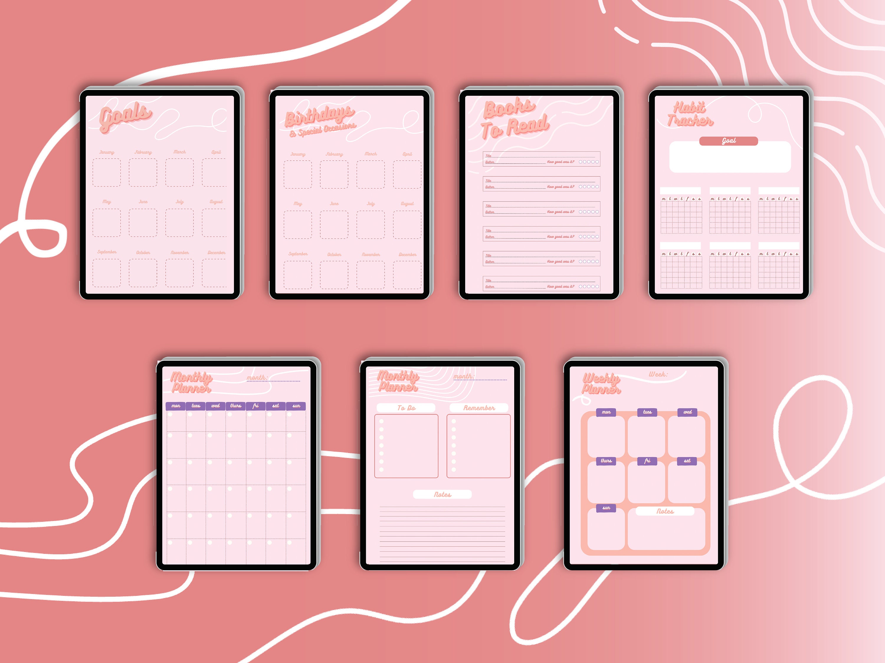 Yearly Digital Planner, Undated 80s Style, Line Art, Simple Design ...