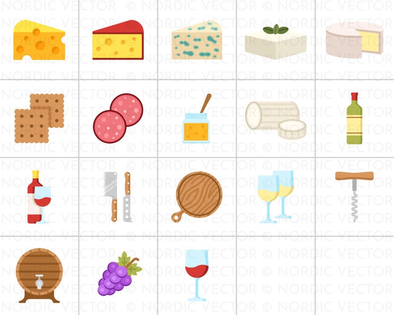 Wine and Cheese Board Clip Art Bundle, Cheese Platter Icon Set, Gourmet ...