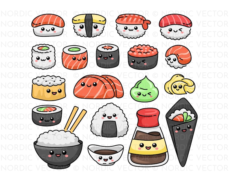 Kawaii Sushi Clip Art Bundle, Cute Japanese Food Characters Set ︱ Icon ...