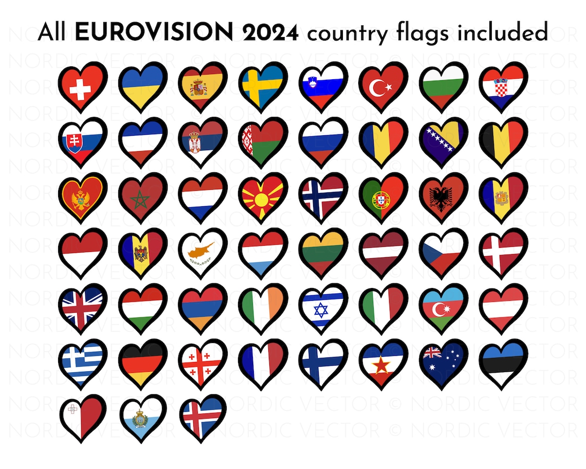 Eurovision 2024 Countries Flags Inside Heart Frame, Eurovision Logo SVG ...