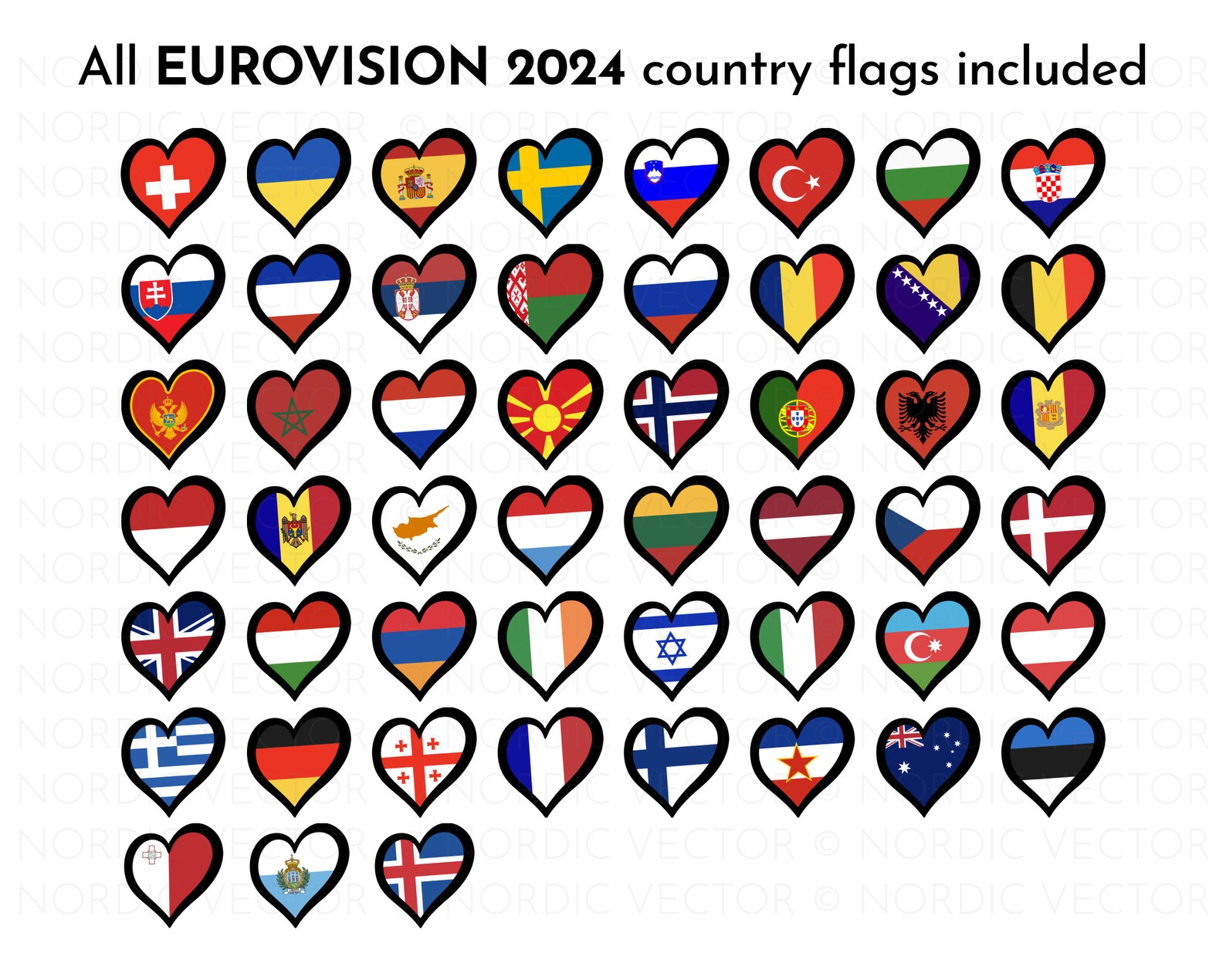 Eurovision 2024 Countries Flags Inside Heart Frame, Eurovision Logo SVG ...