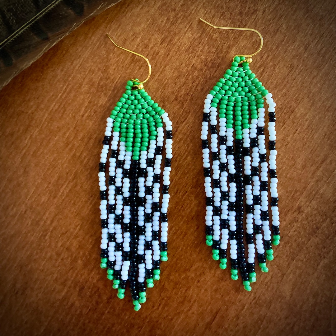 Green, Black and White Seed Bead Fringe Dangle Earrings | Lightweight ...