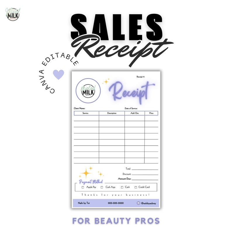Editable Business Receipt Template: Lash, Nail, Hair Tech (digital ...