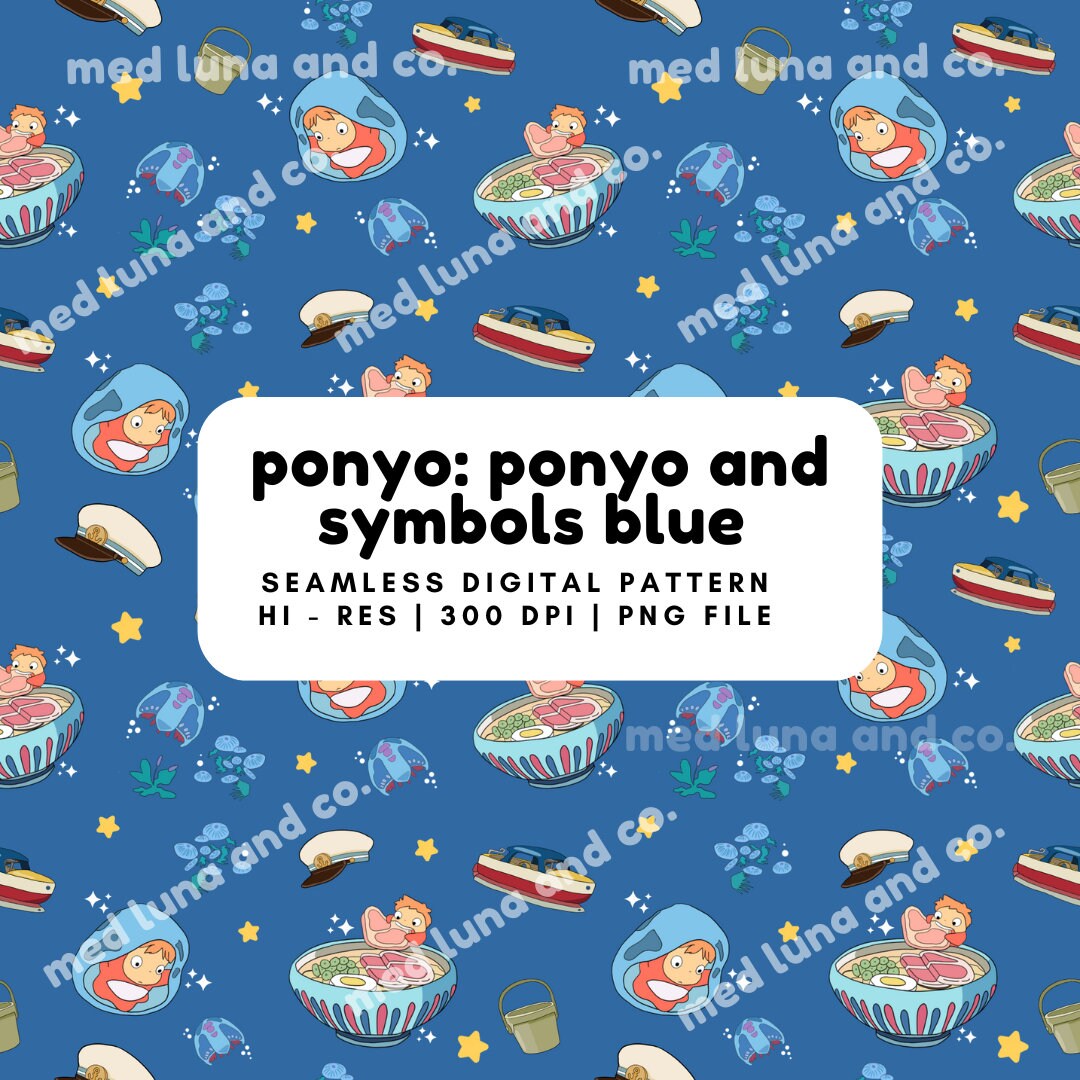 Ponyo Studio Ghibli Ponyo and Symbols Blue Seamless Repeating Pattern ...