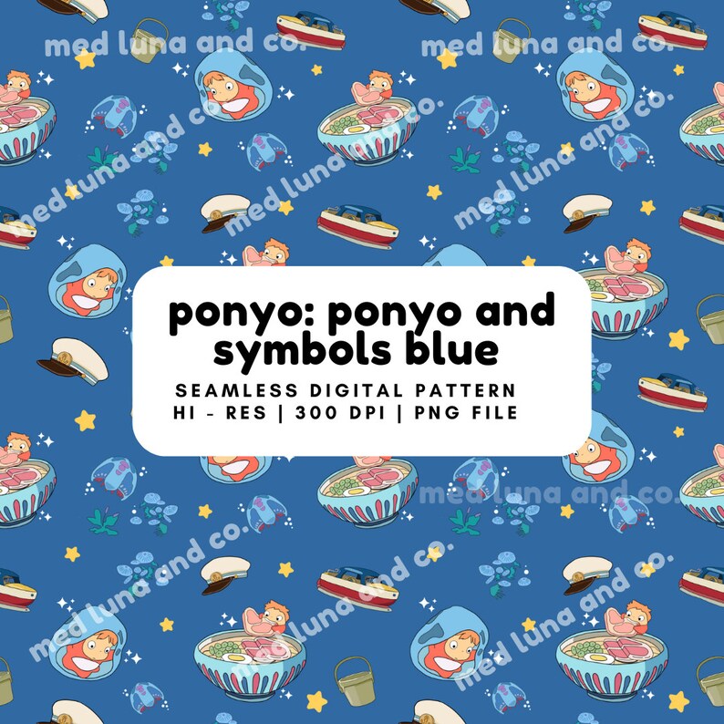 Ponyo Studio Ghibli Ponyo and Symbols Blue Seamless Repeating Pattern ...