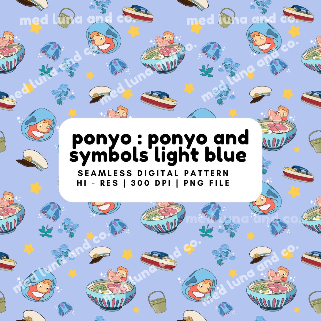 Ponyo Studio Ghibli Ponyo and Symbols Light Blue Seamless Repeating ...