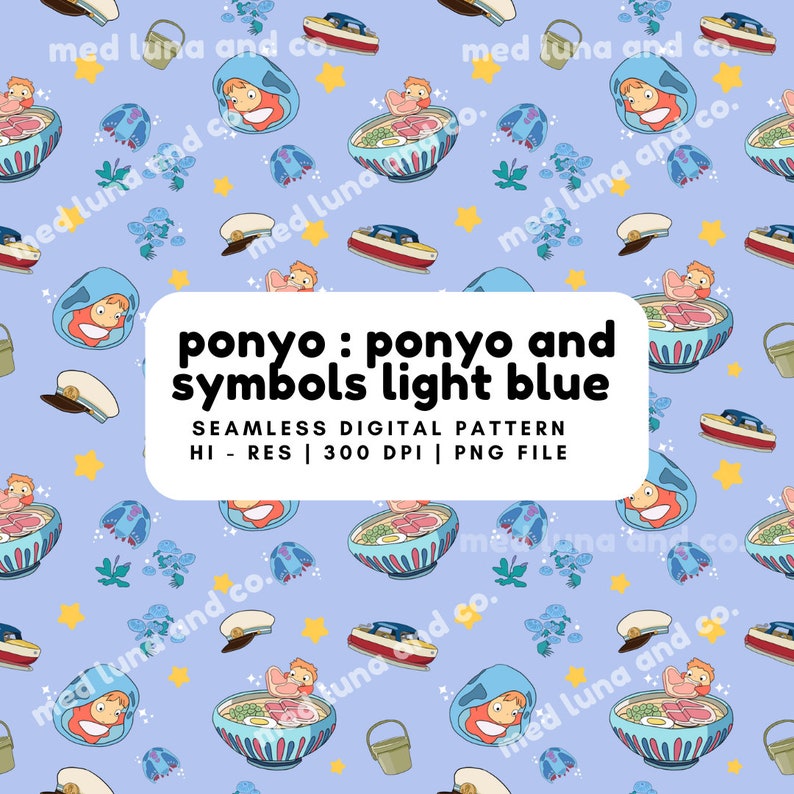 Ponyo Studio Ghibli Ponyo and Symbols Light Blue Seamless Repeating ...