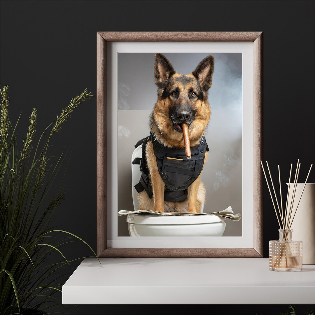 German Shepherd Funny Bathroom Wall Art Dog Smoking on Toilet K-9 ...