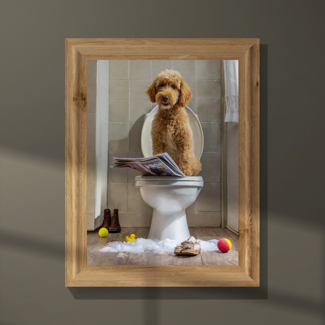 Goldendoodle Art Funny Bathroom Decor Dog Picture Reading Newspaper on ...