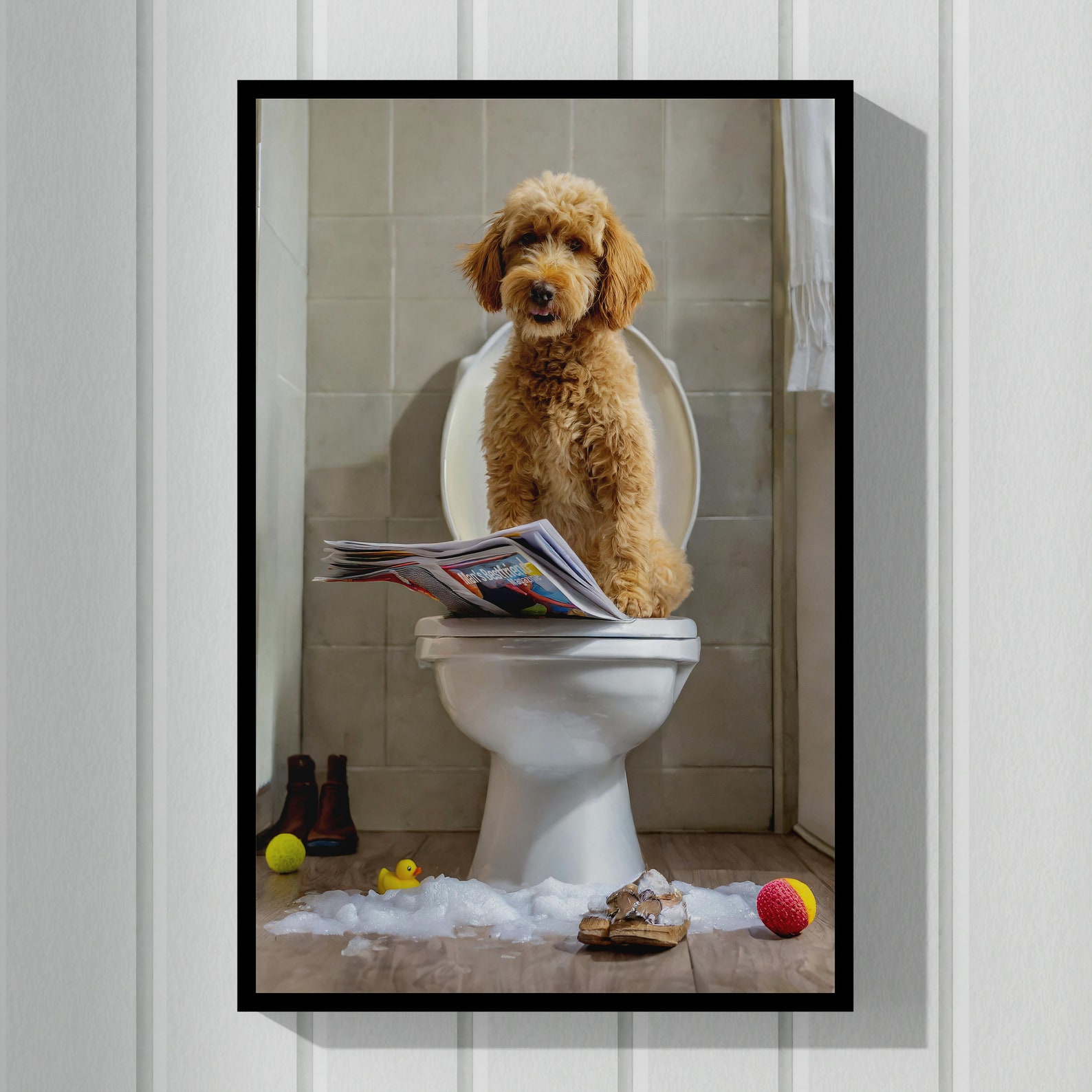 Goldendoodle Art Doodle on Toilet Funny Bathroom Art Dog Reading ...