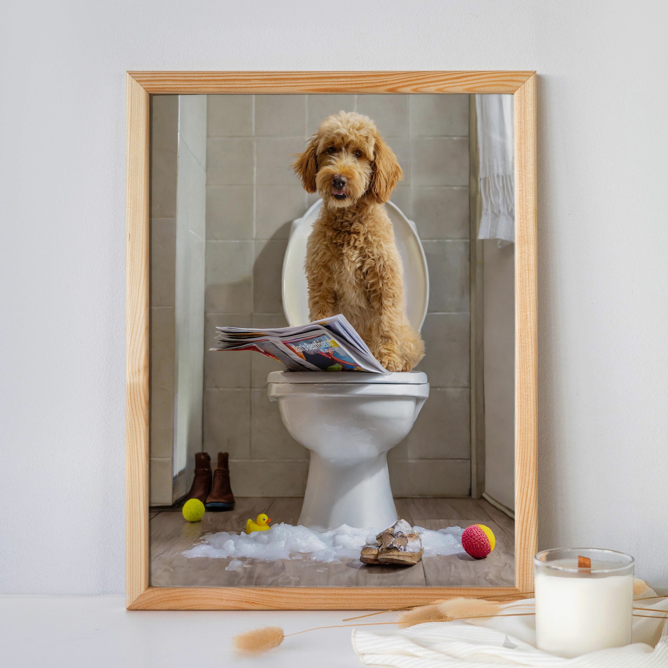 Goldendoodle Art Funny Bathroom Decor Dog Picture Reading Newspaper on ...