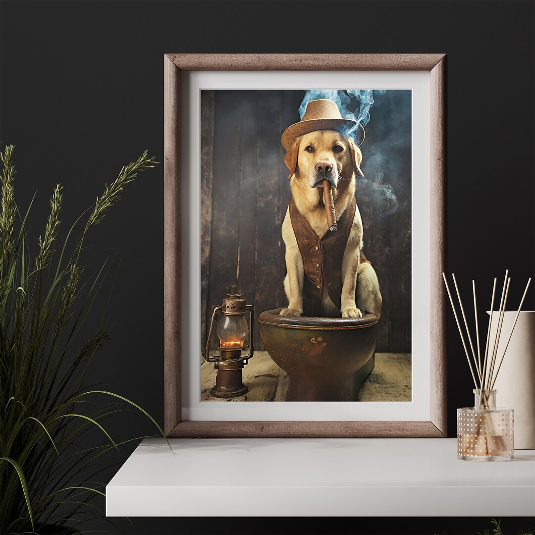 Labrador Retriever Dog on Toilet Funny Bathroom Art Print Western Wall ...