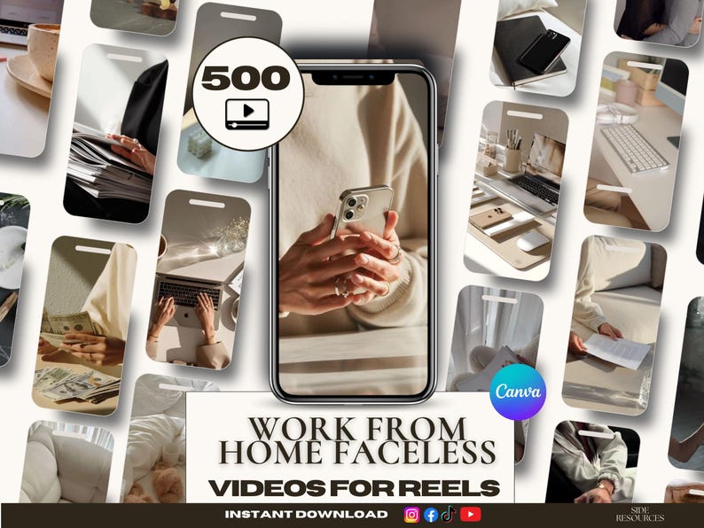 500 Faceless Work From Home Reels | Instagram TikTok Videos Canva | WFH ...