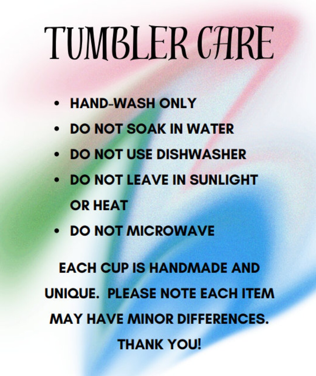 Tumbler Care, Cup Care, Handmade, Hand-wash, Cards, Care Card, Download ...